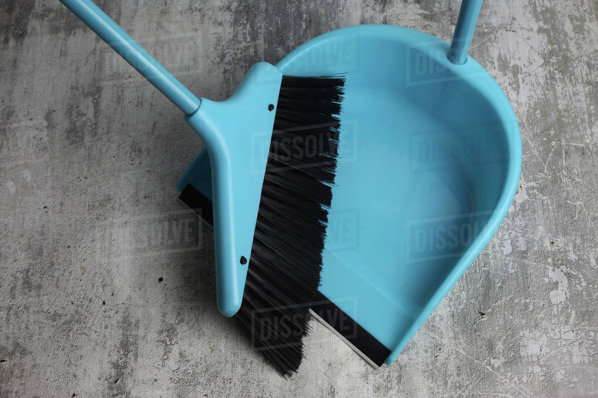 Broom with brush and dustpan. Blue plastic kit for cleaning trash and ...