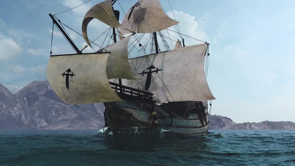 Animated historical spanish galleon fleet 16th century sailing in front ...
