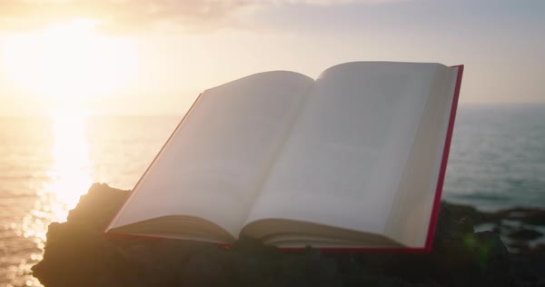 Open book on ocean beach at sunset with glow light. Sea water waves on ...