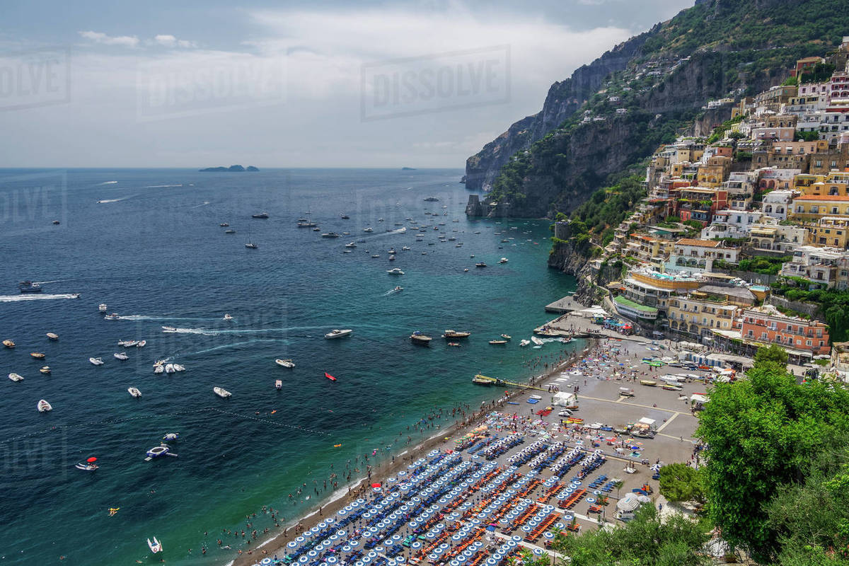 Amalfi Coast Positano Town panorama with low-rise buildings. Elevated ...