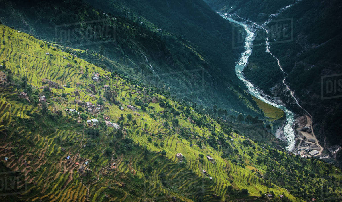 Dhunche village at terrace slope with Trishul river, Nepal, Himalayas ...