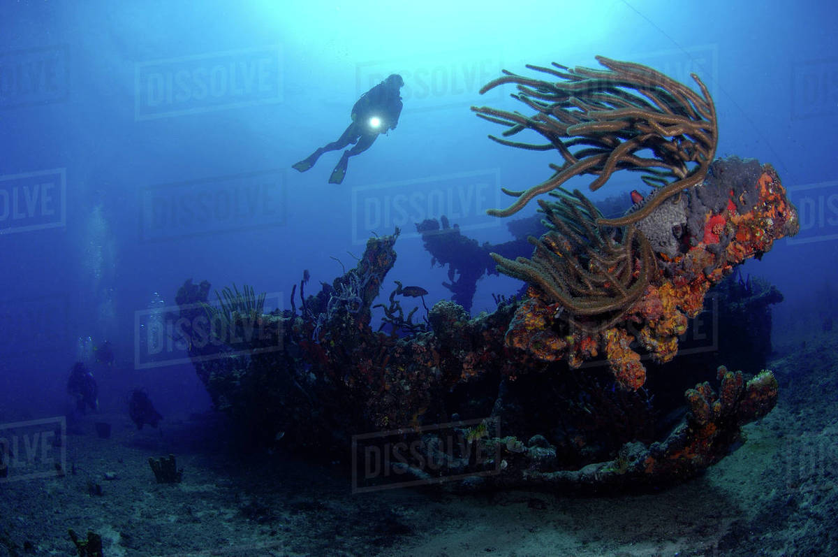 Silhouette of scuba diver on the shipwreck of the RMS Rhone, British ...