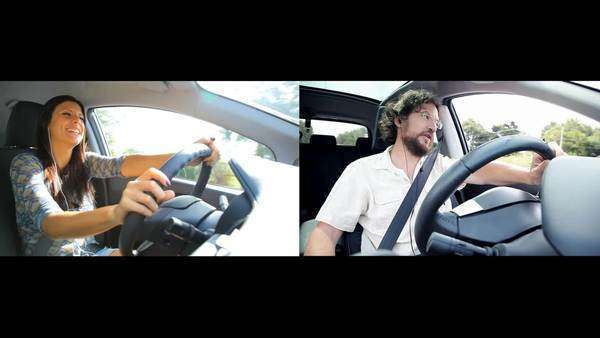 Montage two split screen of couple talking happy on the phone - Stock ...