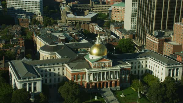 Aerial overhead view of Boston gold Dome State House near the Freedom ...