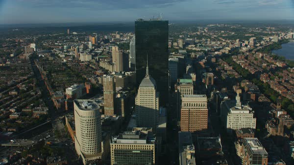 Aerial Waterfront view of downtown Financial district city buildings ...