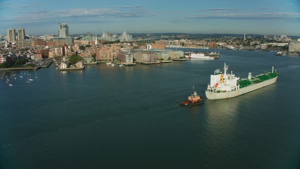 Boston, USA - November, 2017: Aerial city view of tanker ship Main ...