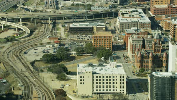 Aerial view of Dealey Plaza and Book Depository, the location of JFK's ...