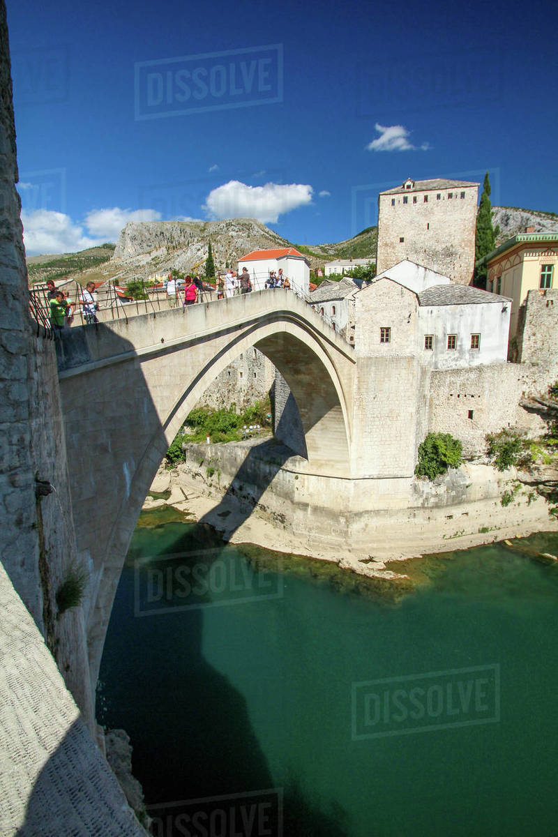 Rebuilt iconic ancient bridge in downtown Mostar, Bosnia Herzegovina ...