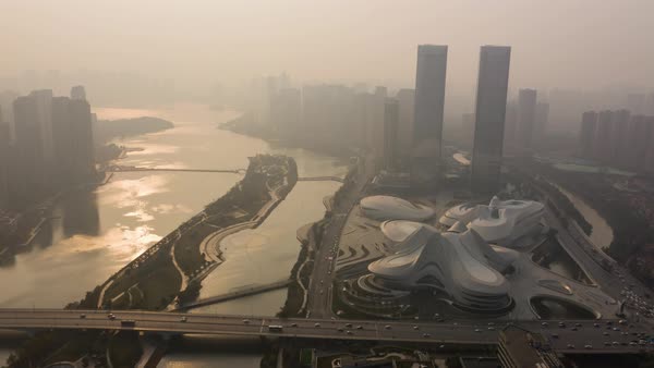 Changsha city famous international culture and art center sunset time ...