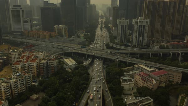 Sunset time guangzhou city center traffic street road junction aerial ...