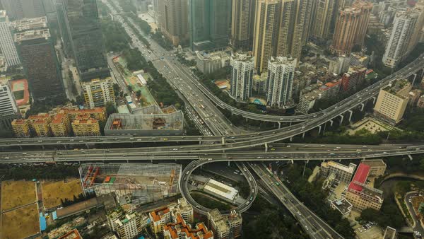 Sunset time guangzhou city center traffic street road junction aerial ...