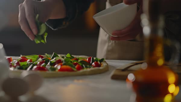 Pizzeria, Professional Chef Cooks Confidently Adds Fresh Green Basil to ...