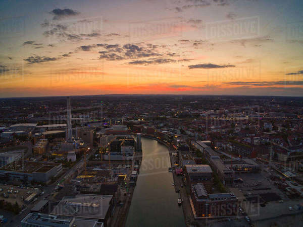 Aerial view of the Munster harbor Stadthafen at sunset in Muenster ...