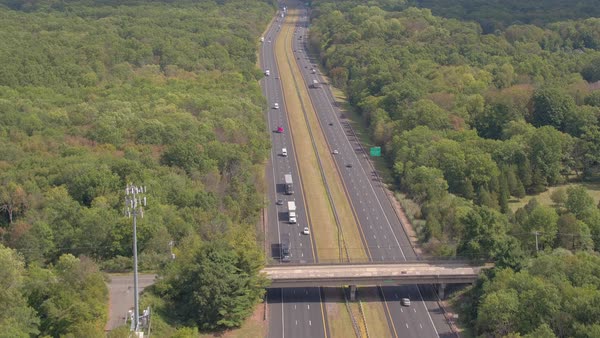 Flying above overpass bridge and underpass multilane interstate ...