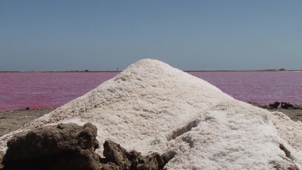 Medium shot of a salt mound at a pink lake in Africa - HD Rights ...
