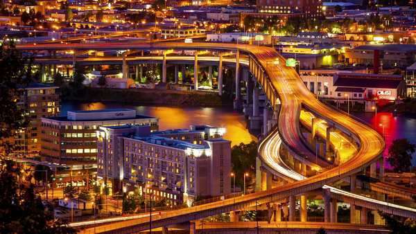 Aerial view of I-5 freeway over the Willamette River in Portland ...