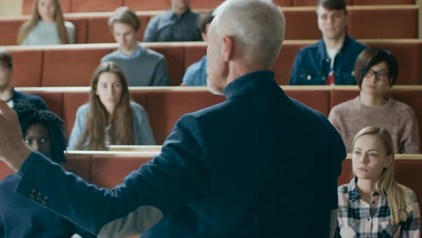 Back view of the professor giving lecture on computer science to a ...