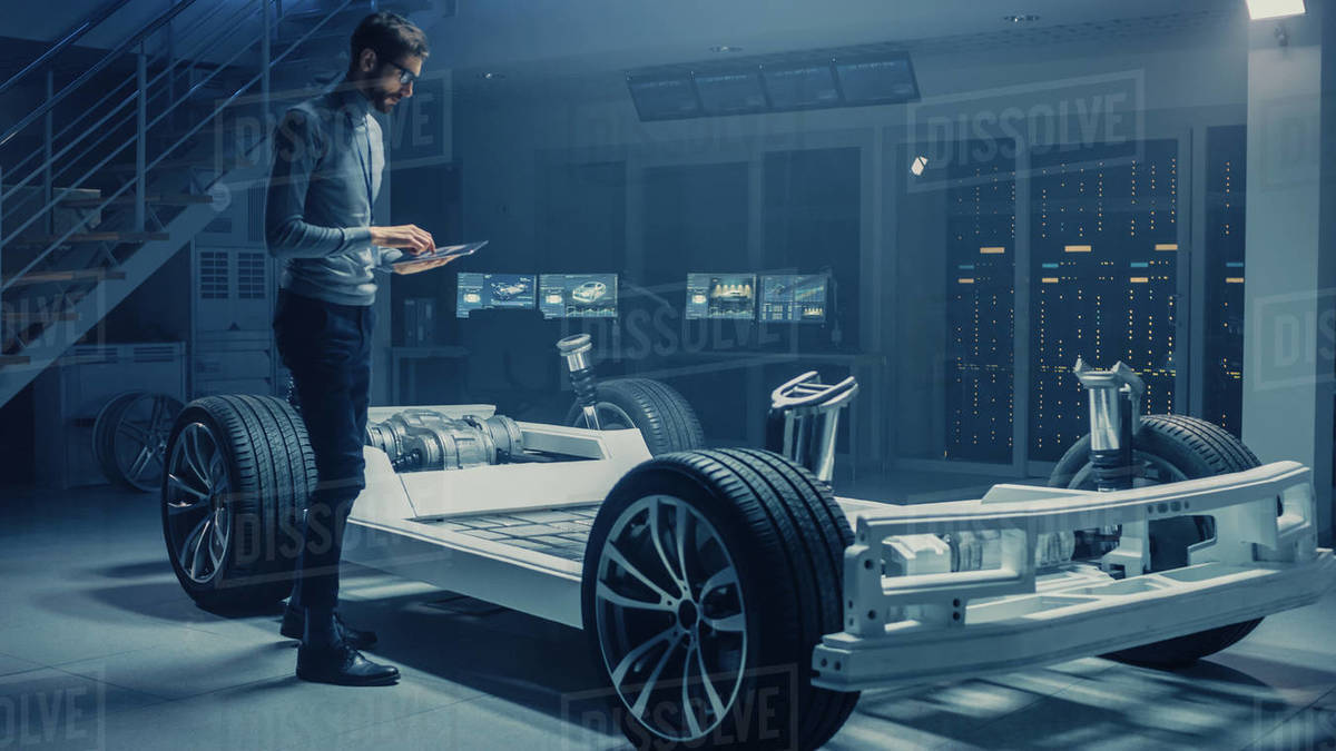 Automobile Engineer Working on Electric Car Platform Chassis Prototype ...