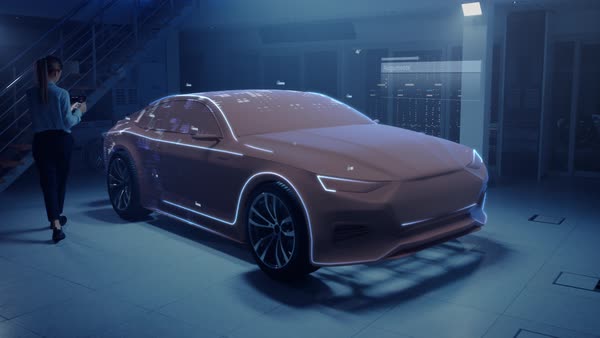 Female Automotive Engineer Uses Digital Tablet with Augmented Reality ...