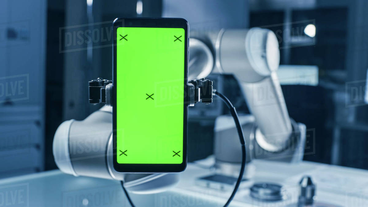 Real Robot Arm Holding Green Mock-Up Screen Smartphone Device ...