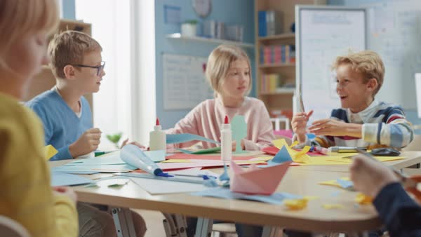 Elementary School Arts & Crafts Class: Diverse Group of Smart Children ...