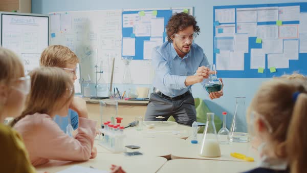 Elementary School Chemistry Classroom: Enthusiastic Teacher Teaches ...