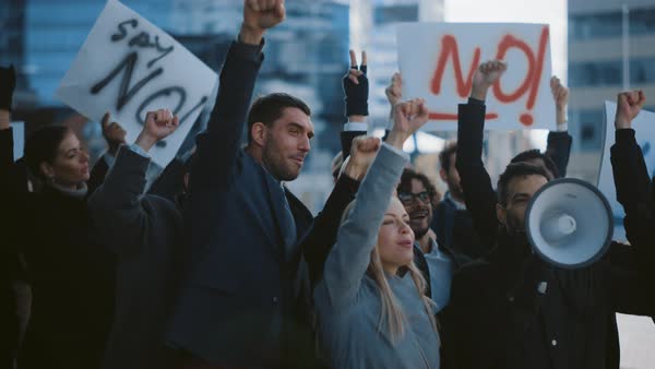 Multicultural diverse office managers and business people picketing ...