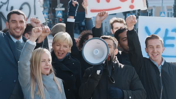 Multicultural diverse office managers and business people picketing ...