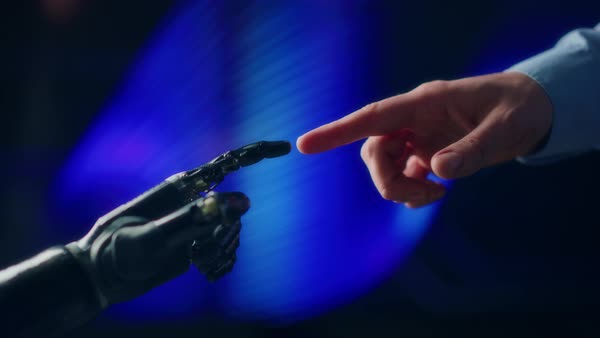 Humanoid Robot Arm Touches Human Hand Connecting Fingers. Humanity and ...