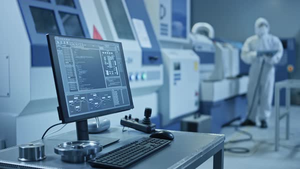 Factory Cleanroom: On the Desk Personal Computer Showing Infrastructure ...