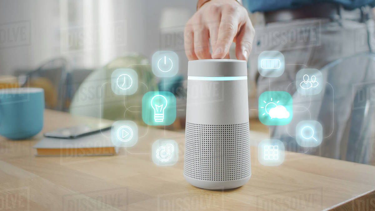 Man Turns On Smart Speaker with Active Artificial Intelligence ...