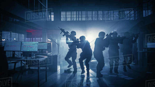 Masked Squad of Armed SWAT Police Officers Storm a Dark Seized Office ...