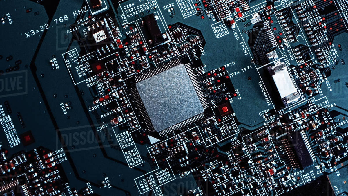 Macro Close-up Shot of Microchip, CPU Processor on Black Printed Circuit Board, Computer ...