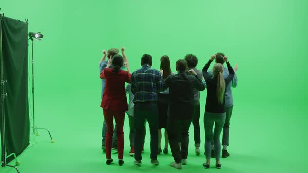 Green Screen Chroma Key Studio: Two Rows of Nine Diverse Fans Cheering ...