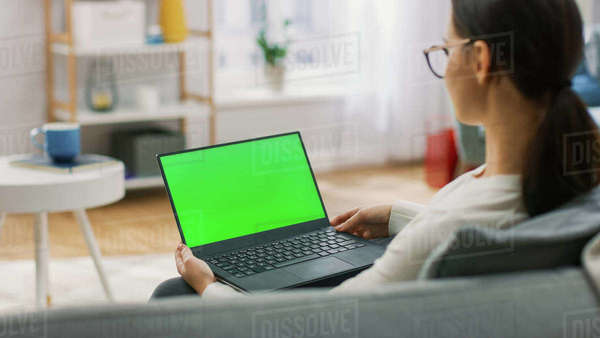 Young Woman at Home Sitting on a Couch Works on a Laptop Computer with ...