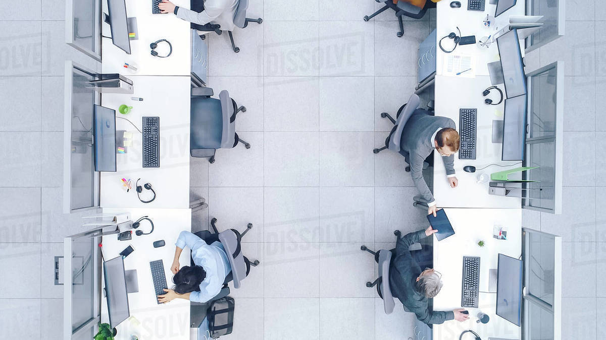 Top Down Shot of Big Busy Corporate Office with Tow Rows off ...