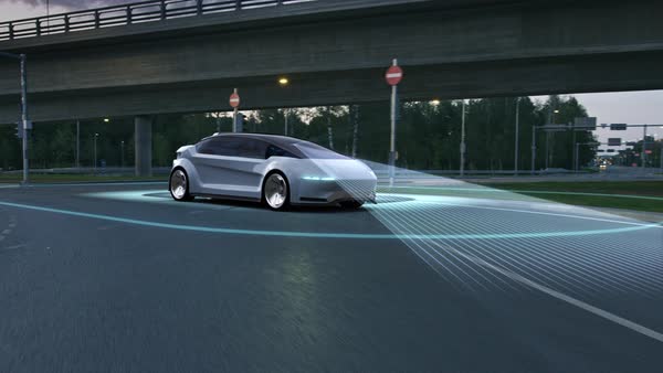 Autonomous Self-Driving 3D Car Moving Through City Highway. Animated ...