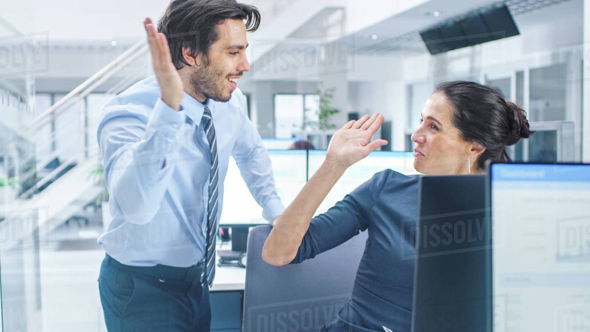 Two Professional Office Workers Work on Desktop Computer, Together Find ...