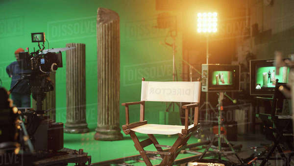Film Studio Set with Focus on Empty Director's Chair. On the Studio ...