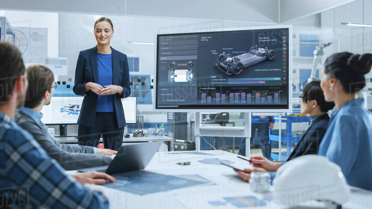 Confident Female Automotive Engineer Reports to Diverse Team of ...