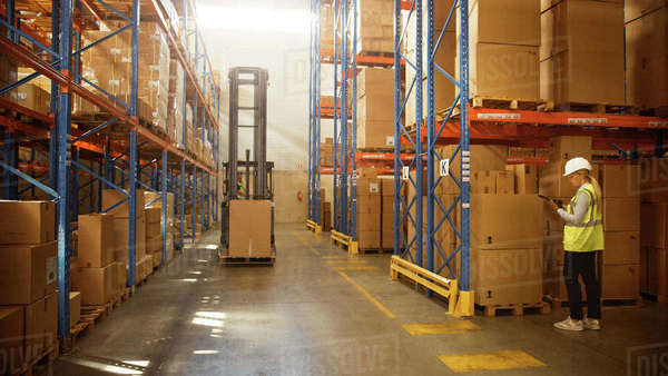 Retail Warehouse full of Shelves with Goods in Cardboard Boxes, Workers ...