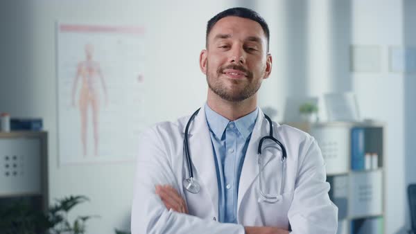 Portrait of Handsome Caucasian Medical Doctor Wearing White Coat and ...
