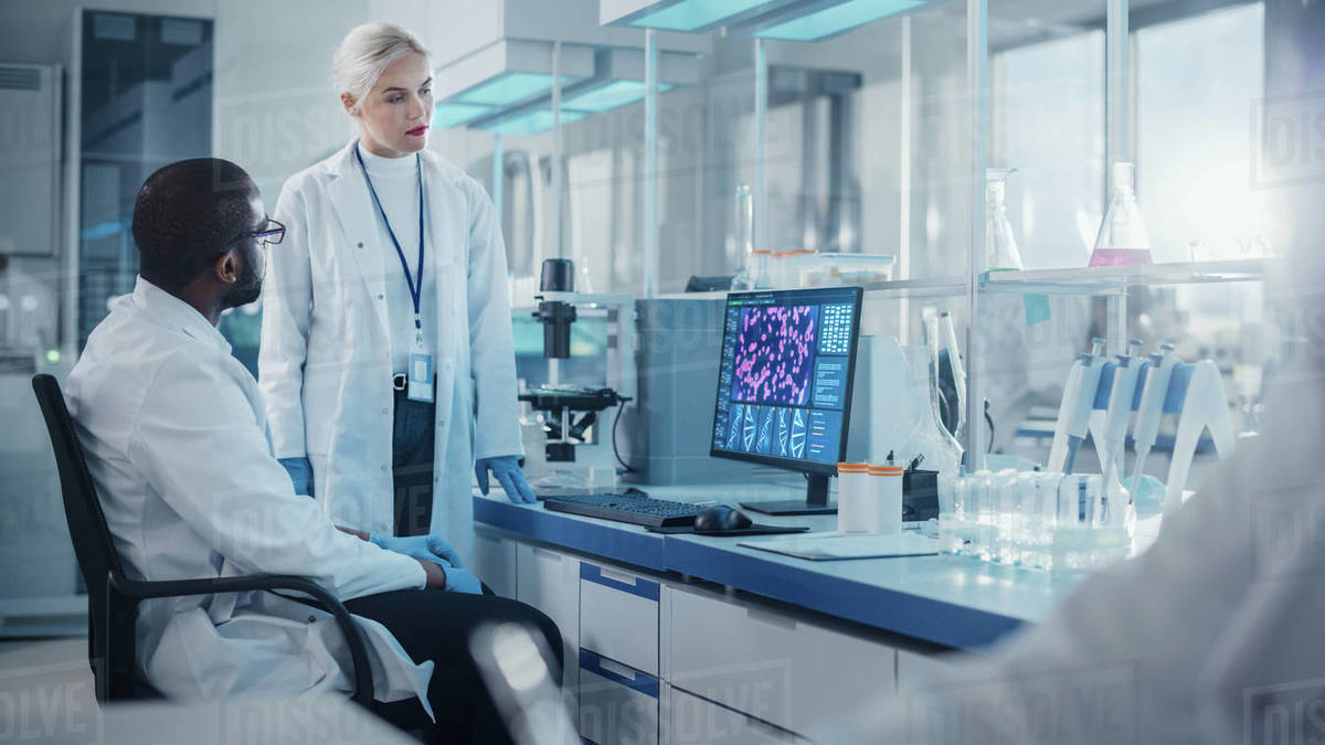 Modern Medical Research Laboratory: Two Scientists Use Computer with ...
