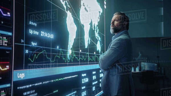 Senior Computer Science Engineer Looking at Big Screen Display Showing ...