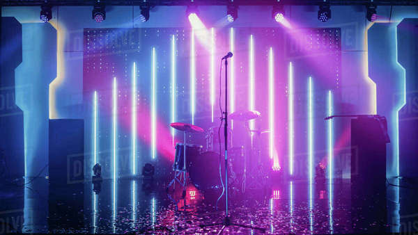 Empty Concert Stage in a Night Club. Professional Drum Kit and Other ...
