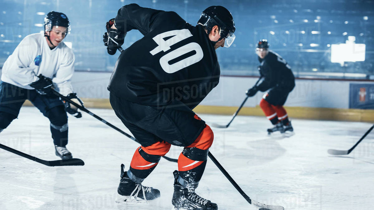 Ice Hockey Rink Arena: Professional Defender Player Attacks, Pushing ...