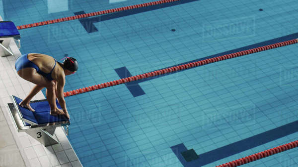 Beautiful Female Swimmer Diving in Swimming Pool. Professional Athlete ...