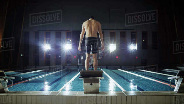 Athletic Male Swimmer Stands on a Starting Block, Ready to Dive into ...