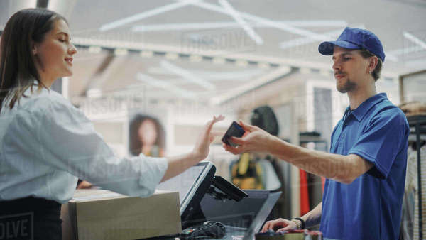 Retail Sales Managers Pack and Give Package Delivery Courier to Deliver ...