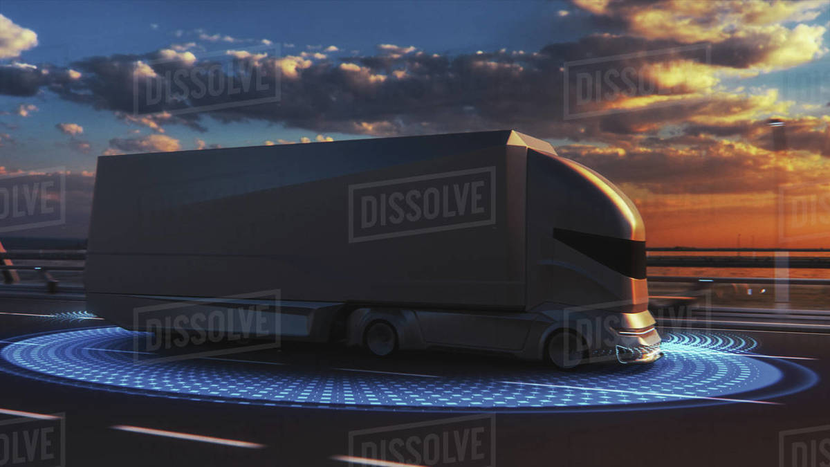 Autonomous Self-Driving Lorry Truck with Cargo Trailer Drives on the ...